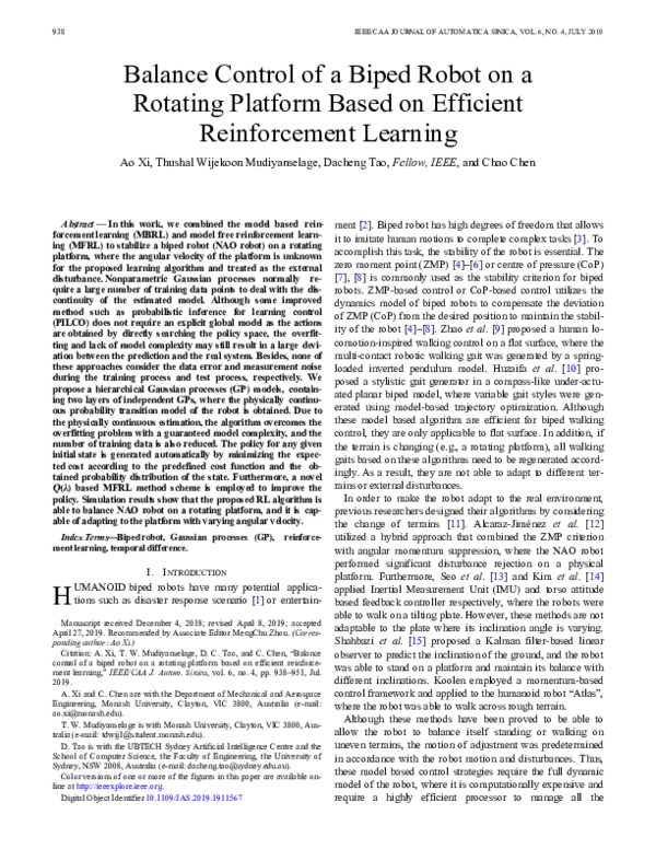 (PDF) Balance Control of a Biped Robot on a Rotating Platform Based on Efficient Reinforcement ...