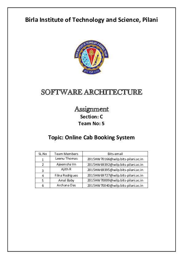 (DOC) SOFTWARE ARCHITECTURE Assignment Topic: Online Cab Booking System