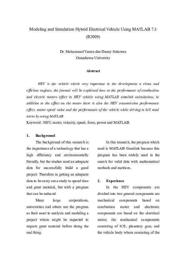 Doc Modeling And Simulation Hybrid Electrical Vehicle Using Matlab 7 3 R2009