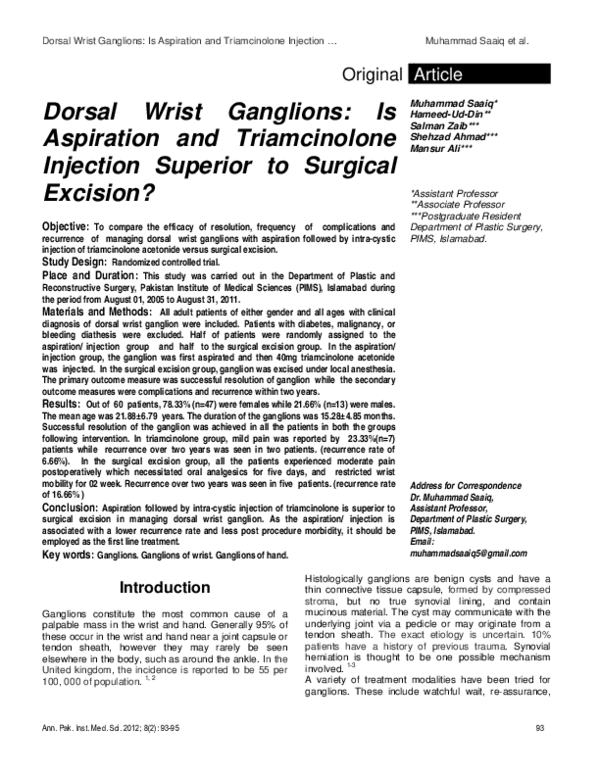 (PDF) Dorsal wrist ganglions: Is aspiration and Triamcinolone injection ...