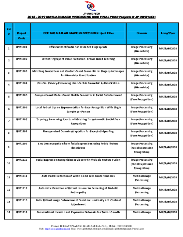 (PDF) 2018-2019 IEEE MATLAB Image Processing PROJECT TITLES