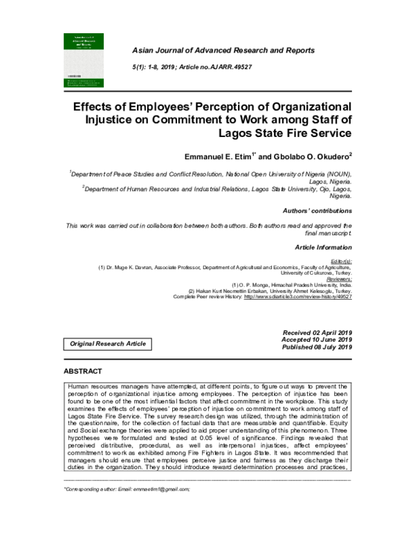 (PDF) Effects of Employees' Perception of Organizational Injustice on ...