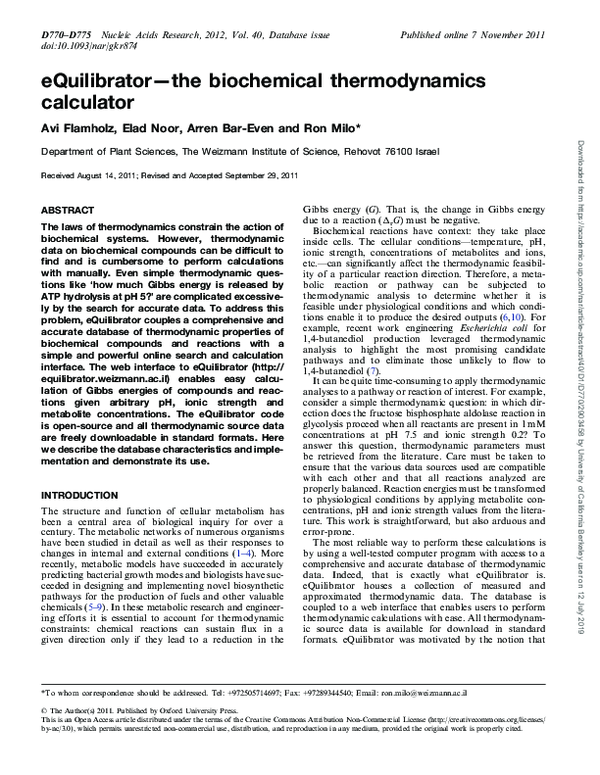 (PDF) Flamholz et al. 2012 eQuilibrator the biochemical thermodynamics calculator