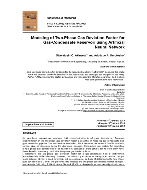 Pdf Modeling Of Two Phase Gas Deviation Factor For Gas Condensate Reservoir Using Artificial