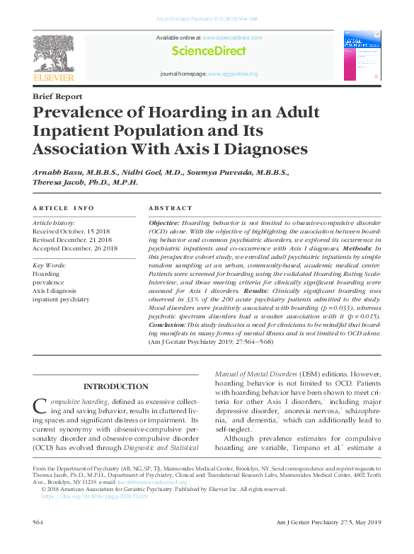 (PDF) Prevalence of Hoarding in an Adult Inpatient Population and Its ...