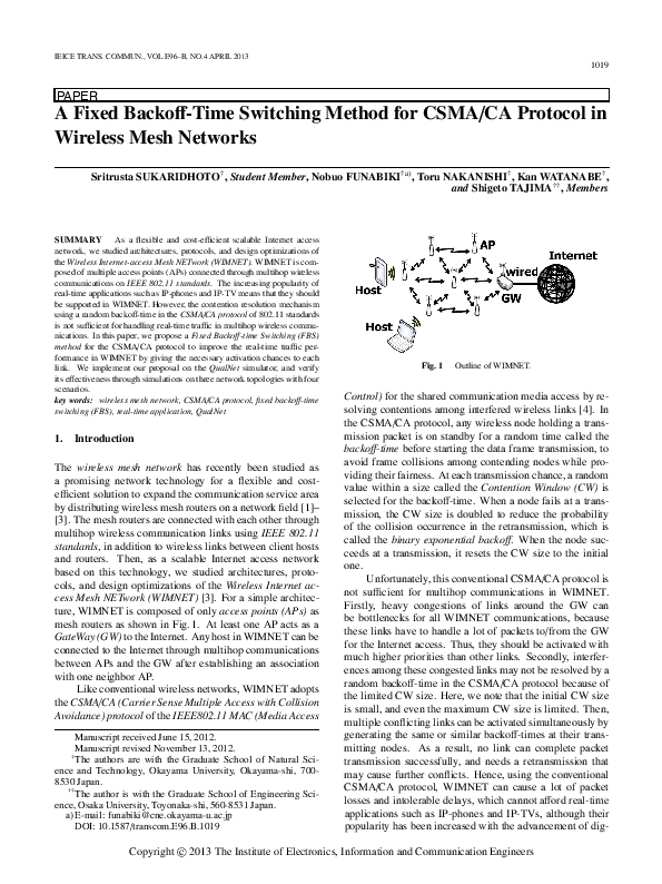 Pdf A Fixed Backoff Time Switching Method For Csmaca Protocol In Wireless Mesh Networks