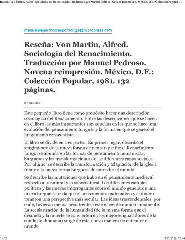 (PDF) Reseña: Von Martin, Alfred. Sociología del Renacimiento ...