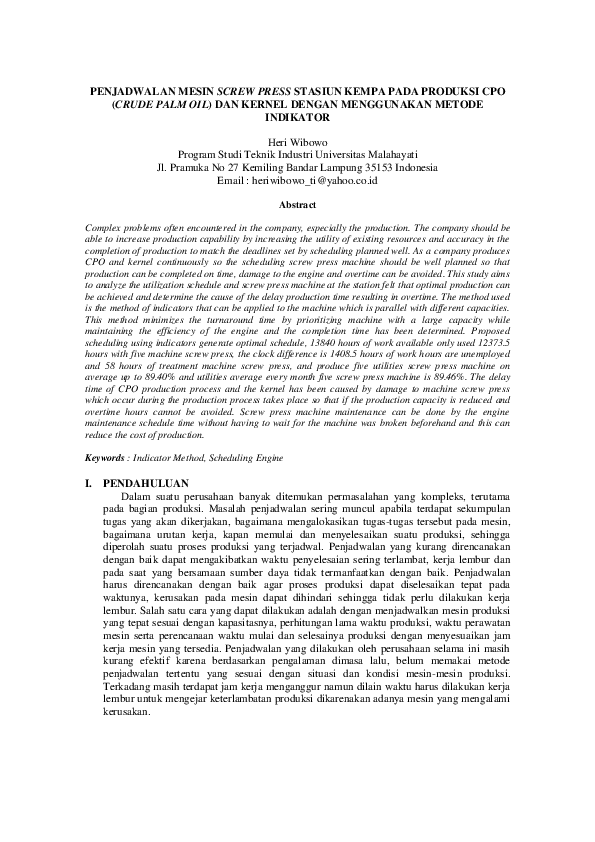 (PDF) PENJADWALAN MESIN SCREW PRESS STASIUN KEMPA PADA PRODUKSI CPO (CRUDE PALM OIL) DAN KERNEL ...