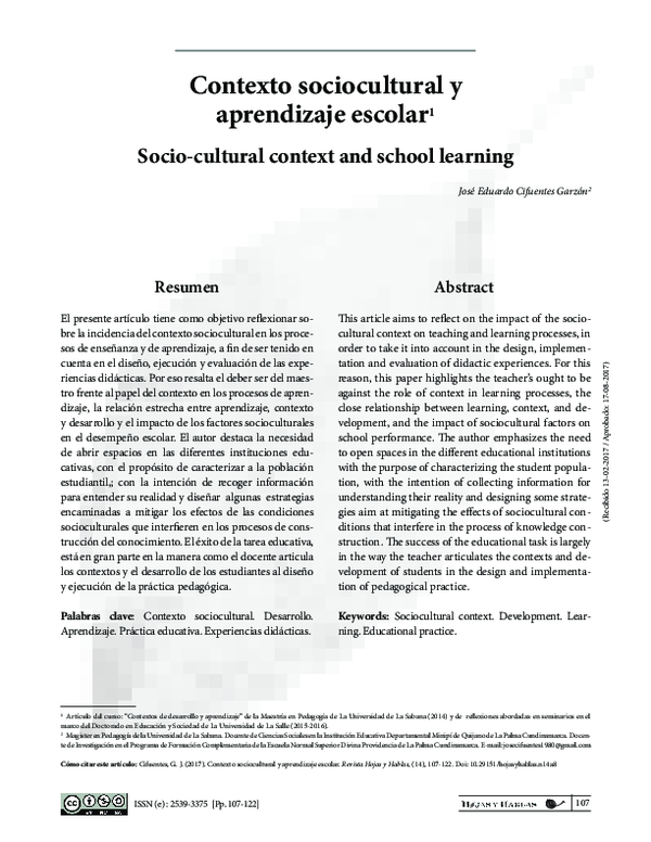 (PDF) Contexto sociocultural y aprendizaje escolar