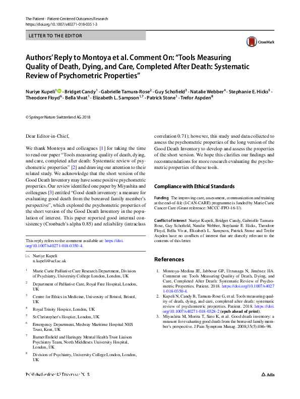 (PDF) Reply to Montoya: Evaluating Good Death Inventory Tools