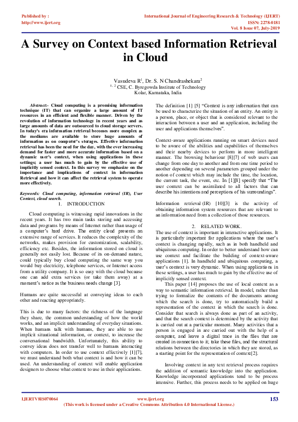 Pdf Ijert A Survey On Context Based Information Retrieval In Cloud