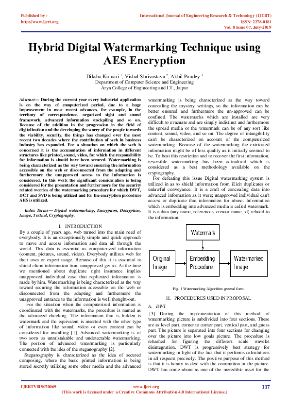Pdf Ijert Hybrid Digital Watermarking Technique Using Aes Encryption Ijert Journal