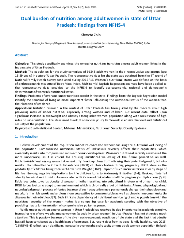 (PDF) Dual Burden of Nutrition Among Adult Women in State of Uttar ...