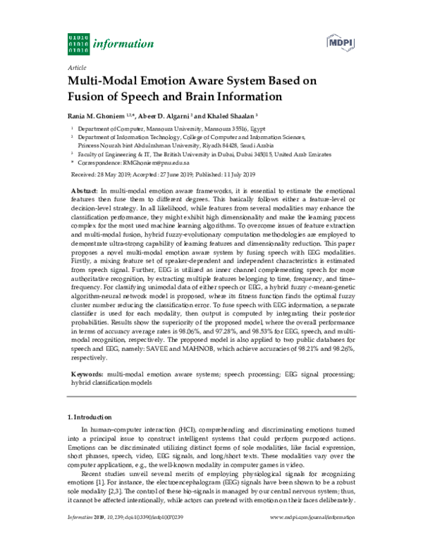Pdf Multi Modal Emotion Aware System Based On Fusion Of Speech And Brain Information
