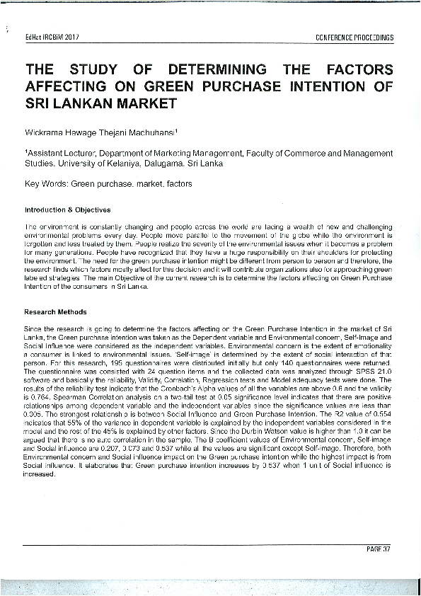 (PDF) The study of Determining the factors Affecting on Green Purchase Intention of Sri Lankan ...