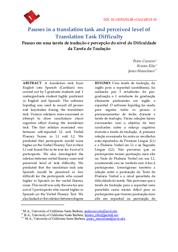 (PDF) Pauses in a translation task and perceived level of Translation ...