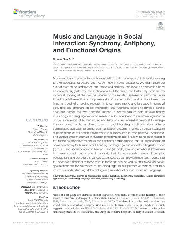 (PDF) Music & language in social interaction: Synchrony, antiphony ...