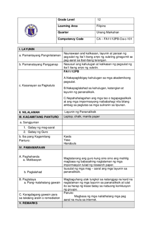 (DOC) Grade Level 12 Learning Area Filipino-Anyo ng pananaliksik