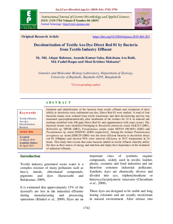 (PDF) Decolourization of Textile Azo Dye Direct Red 81 by Bacteria from Textile Industry Effluent