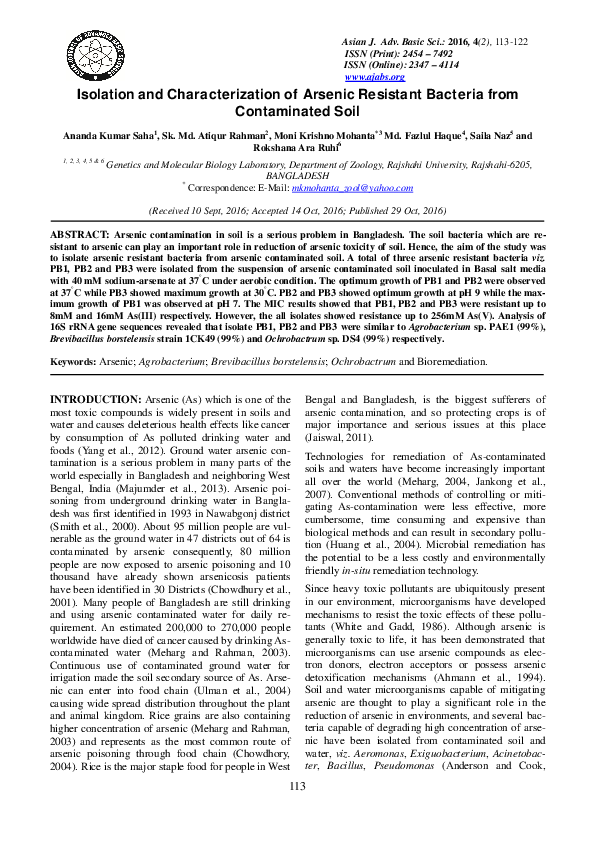 (PDF) Isolation Characterization of Arsenic Resistant Bacteria from Contaminated Soil20190713 ...