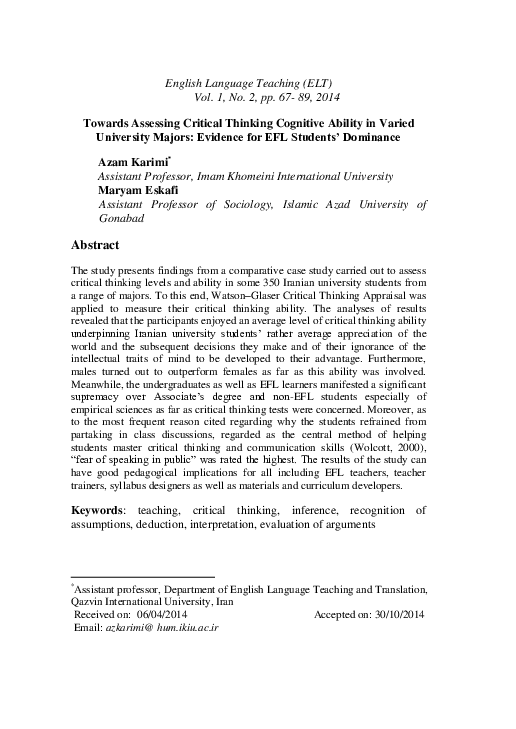 (PDF) Towards Assessing Critical Thinking Cognitive Ability in Varied ...