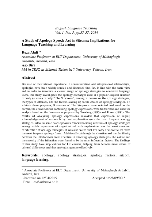 (PDF) A Study of Apology Speech Act in Sitcoms: Implications for ...