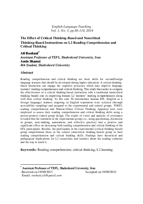 (PDF) The Effect of Critical Thinking-Based and Noncritical Thinking-Based Instructions on L2 ...