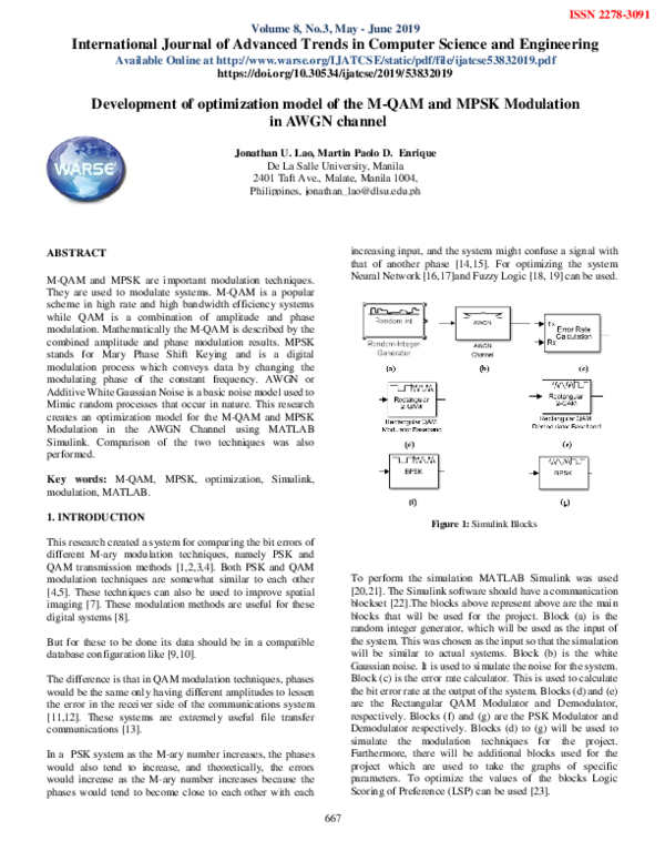 (PDF) Development of optimization model of the M-QAM and MPSK Modulation in AWGN channel