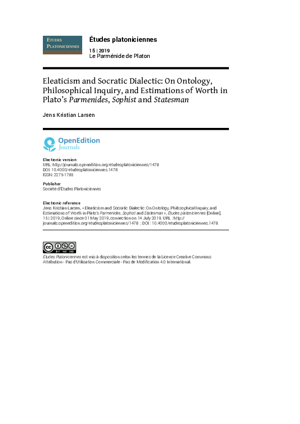 (PDF) Eleaticism and Socratic Dialectic: On Ontology, Philosophical ...