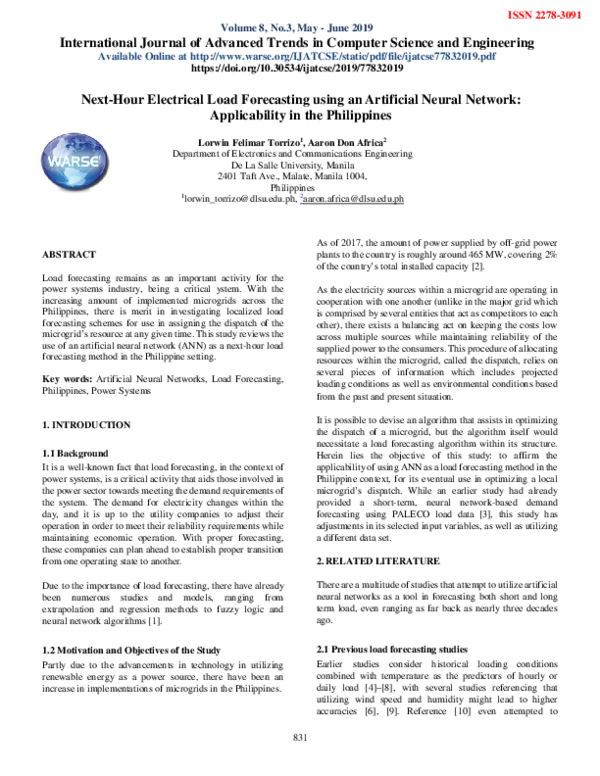 Pdf Next Hour Electrical Load Forecasting Using An Artificial Neural