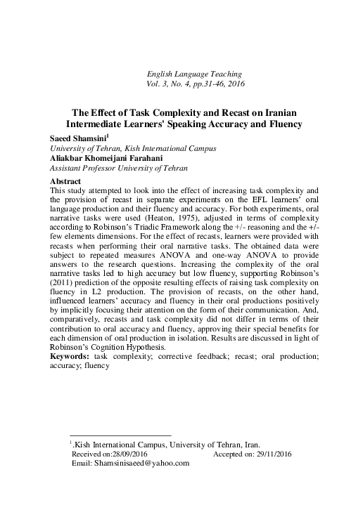 (PDF) The Effect of Task Complexity and Recast on Iranian Intermediate Learners' Speaking ...