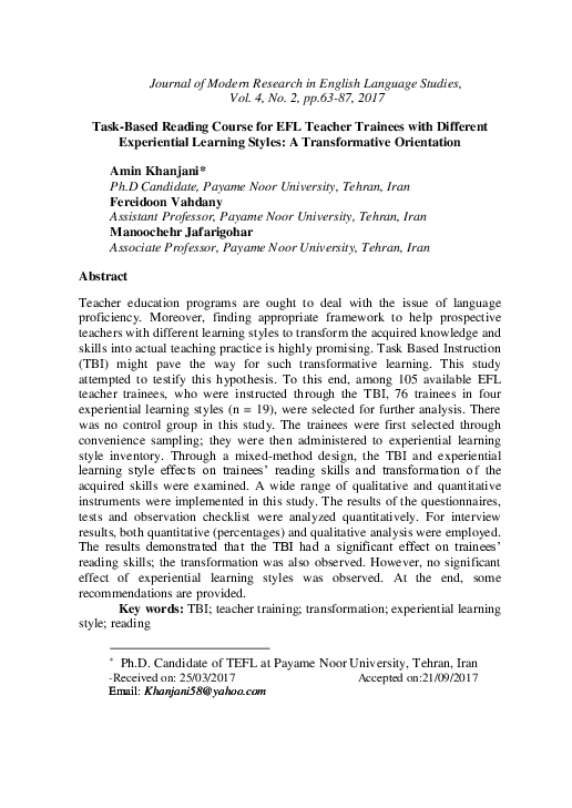 (PDF) Task-Based Reading Course for EFL Teacher Trainees with Different Experiential Learning ...