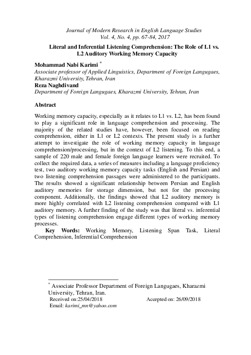 (PDF) Literal and Inferential Listening Comprehension: The Role of L1 vs. L2 Auditory Working ...