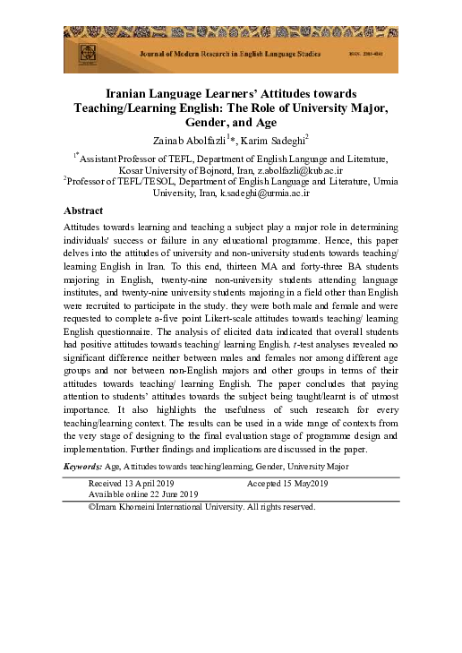 (PDF) Iranian Language Learners’ Attitudes towards Teaching/Learning English: The Role of ...