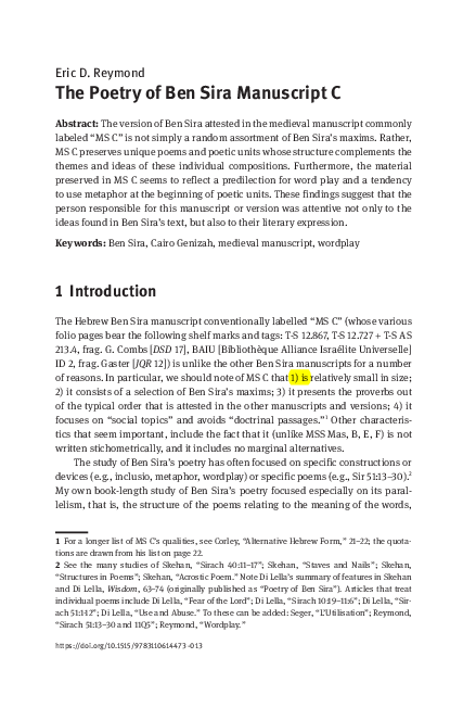 (PDF) The Poetry of Ben Sira Manuscript C, proofs