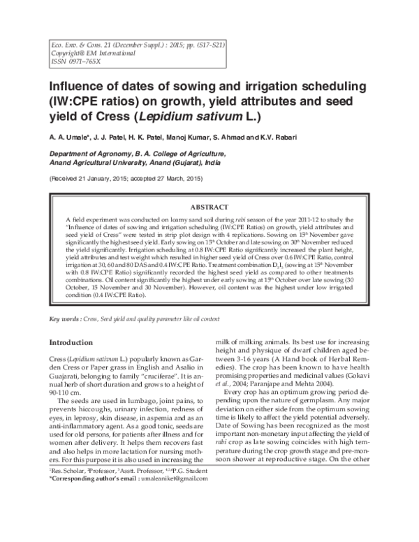 Pdf Influence Of Dates Of Sowing And Irrigation Scheduling Iw Cpe Ratios On Growth Yield