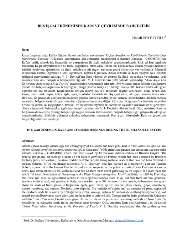 (PDF) RUS İŞGALİ DÖNEMİNDE KARS VE ÇEVRESİNDE BAHÇECİLİK