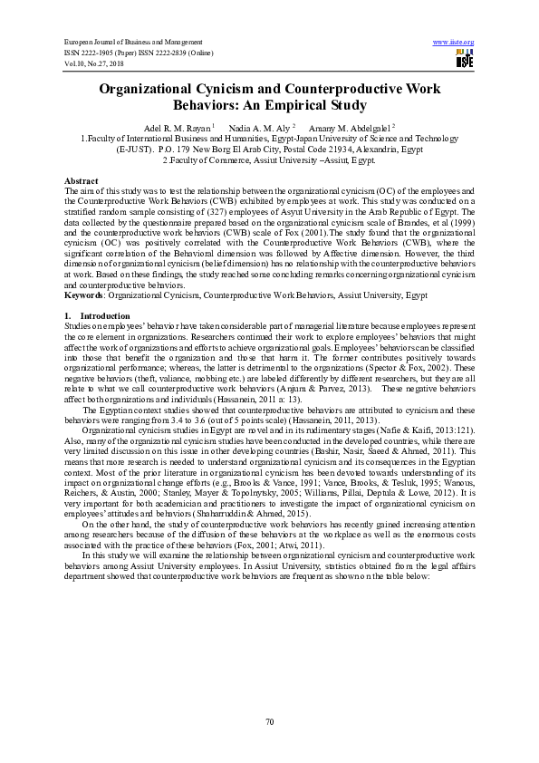 (PDF) Organizational Cynicism and Counterproductive Work Behaviors: An Empirical Study