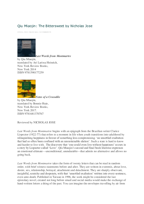 (PDF) Qiu Miaojin The Bittersweet by Nicholas Jose