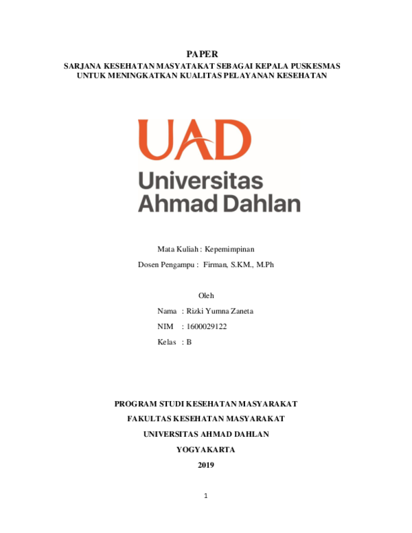 (PDF) PAPER SARJANA KESEHATAN MASYATAKAT SEBAGAI KEPALA PUSKESMAS UNTUK ...