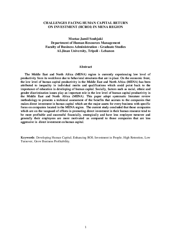 (PDF) Challenges Facing Human Capital Return on Investment (HCROI) in ...