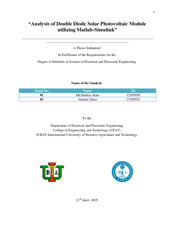 (PDF) "Analysis of Double Diode Solar Photovoltaic Module utilizing Matlab-Simulink"