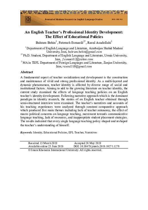 (PDF) An English Teacher's Professional Identity Development: The ...