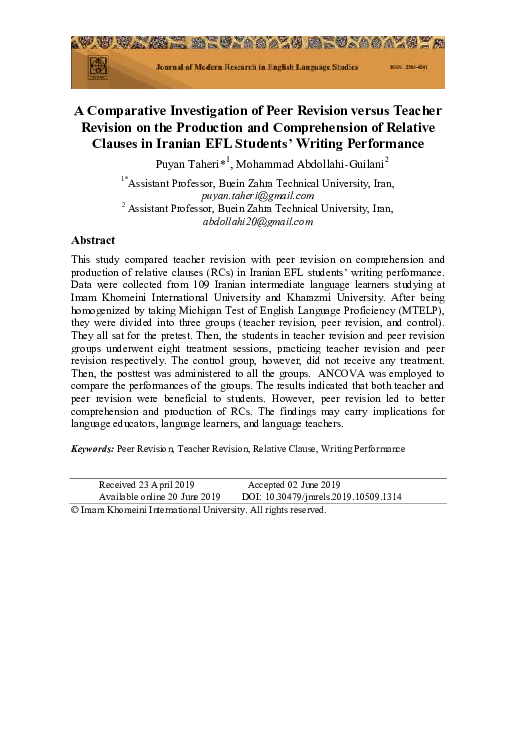 (PDF) A Comparative Investigation of Peer Revision versus Teacher ...