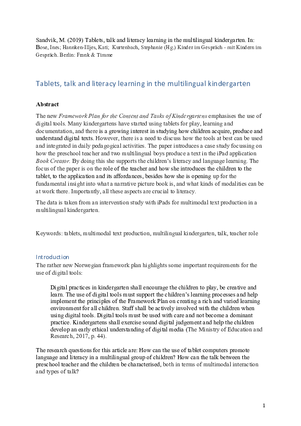(PDF) Tablets, talk and literacy learning in the multilingual kindergarten