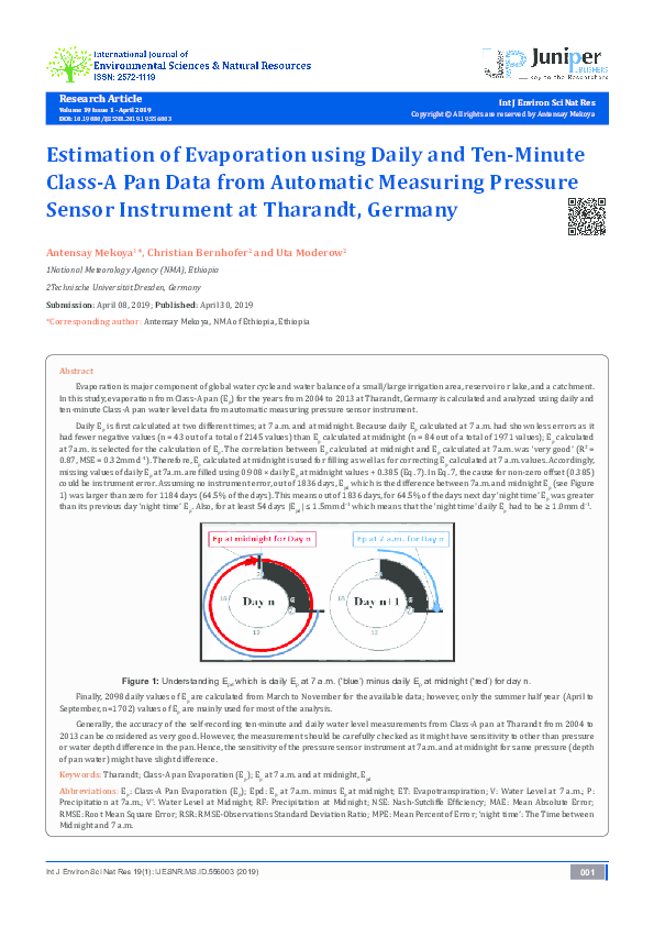 Pdf Estimation Of Evaporation Using Daily And Ten Minute Class A Pan Data From Automatic