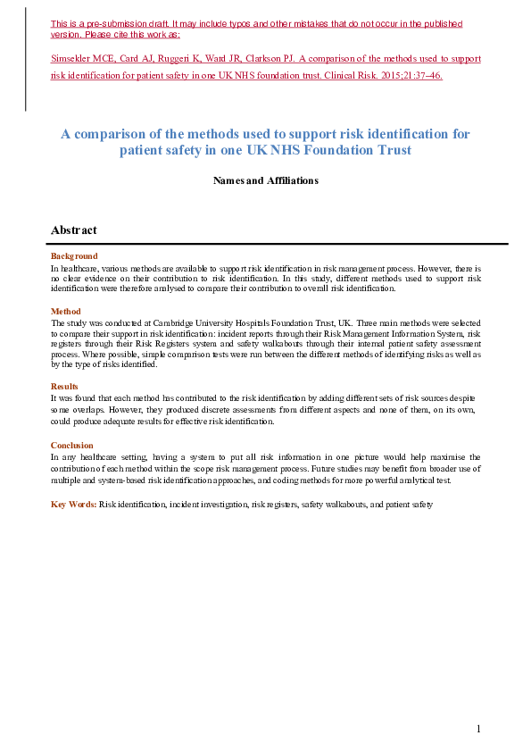 (PDF) A comparison of the methods used to support risk identification ...