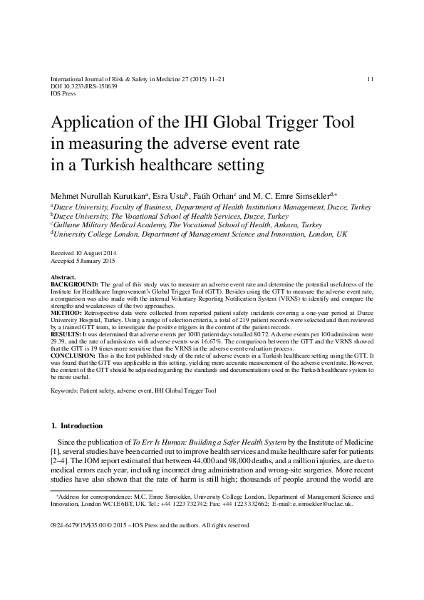 Pdf Application Of The Ihi Global Trigger Tool In Measuring The Adverse Event Rate In A