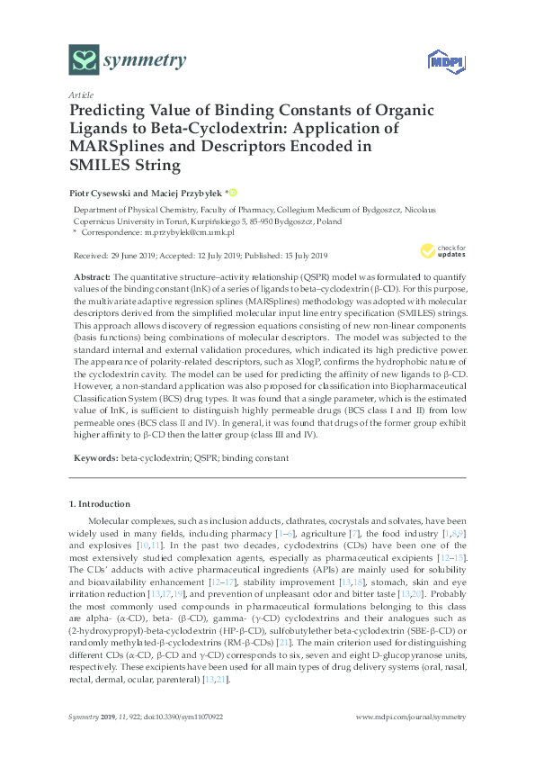 Pdf Predicting Value Of Binding Constants Of Organic Ligands To Beta