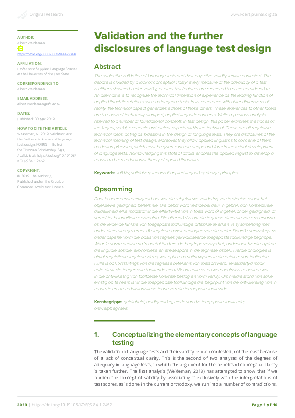 (PDF) [2019] Validation and the further disclosures of language test design